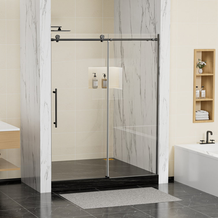 SUPERFLO 56-60＂W x 75＂H Frameless Single Sliding Shower Door, Matte Black | Wayfair